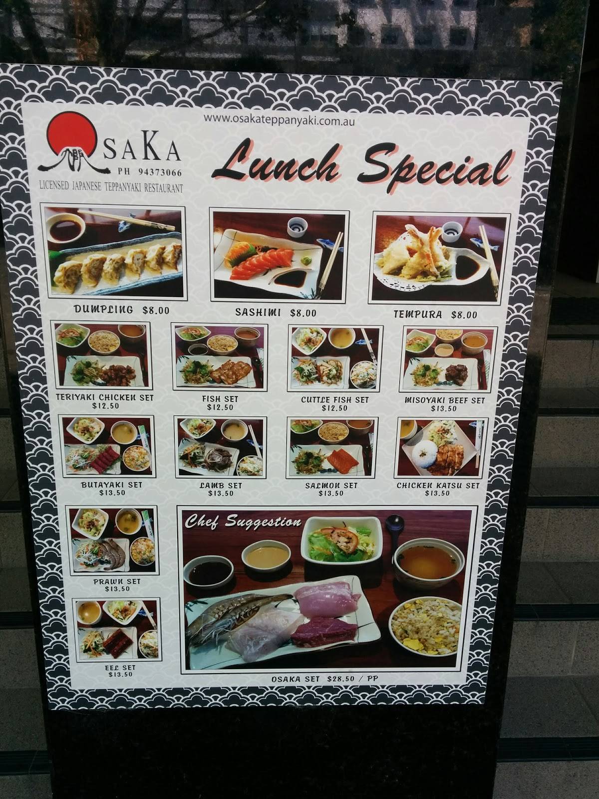Menu at Osaka Japanese Teppanyaki Restaurant, St Leonards