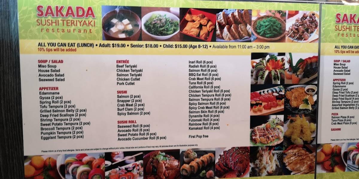 Menu at Sakada Sushi Teriyaki Restaurant, Pickering