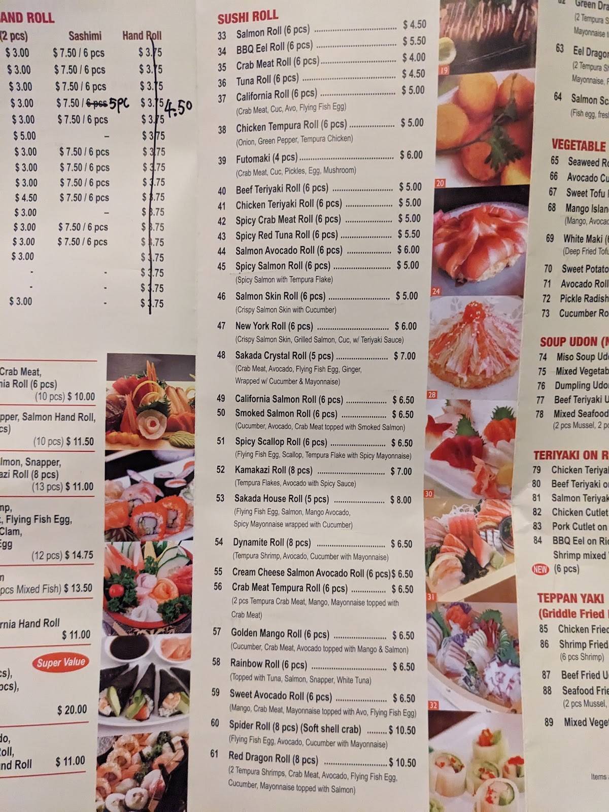 Menu at Sakada Sushi Teriyaki Restaurant, Pickering