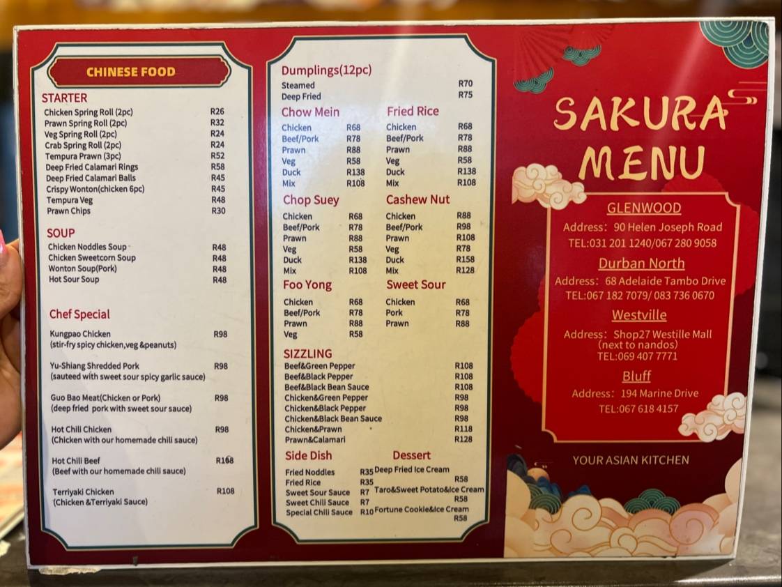Menu at Sakura Bluff restaurant, Bluff