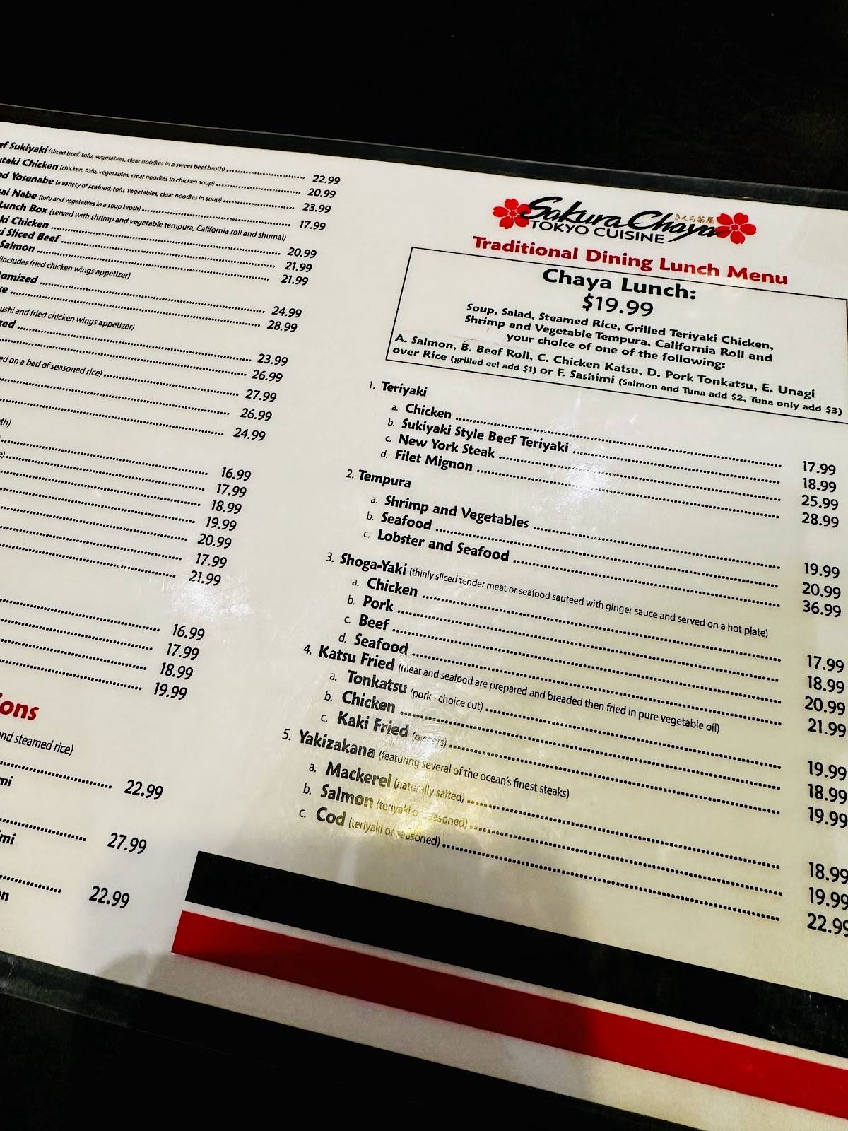 Menu at Sakura Chaya restaurant, Fresno