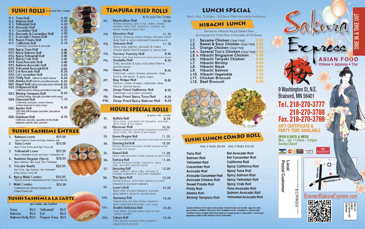 Menu at Sakura Express restaurant, Brainerd