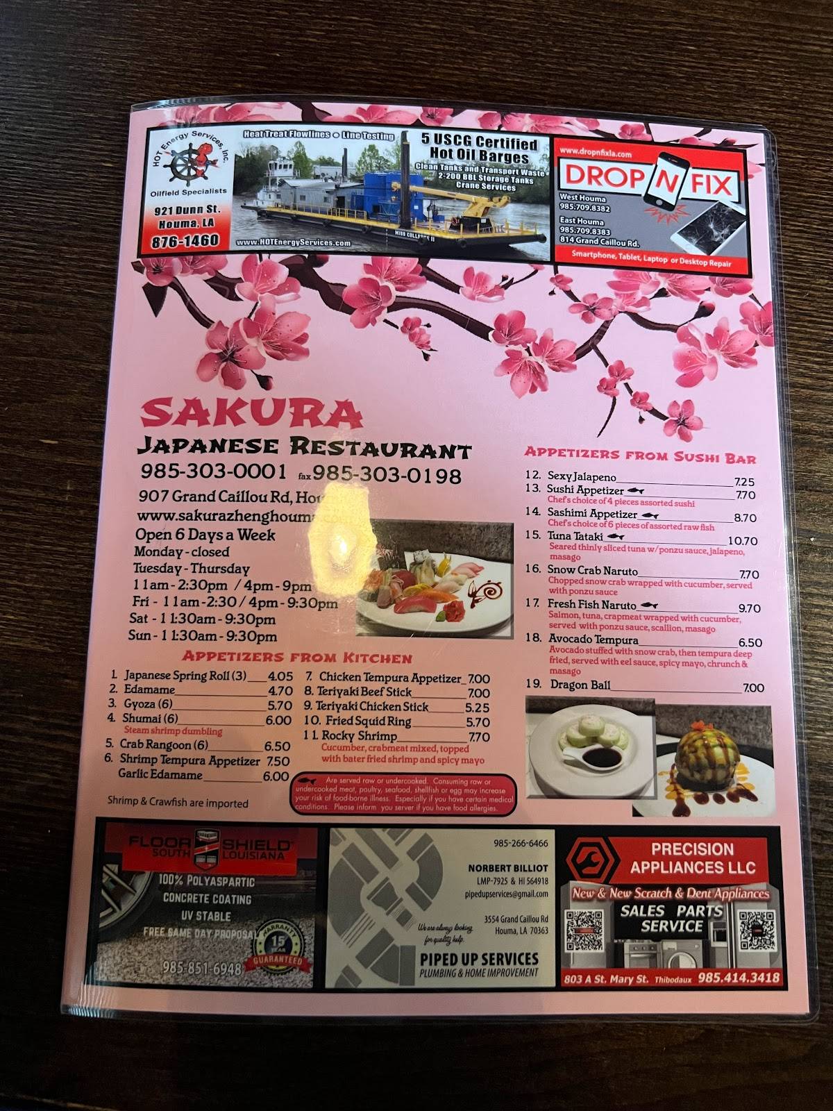 Menu at Sakura restaurant, Houma