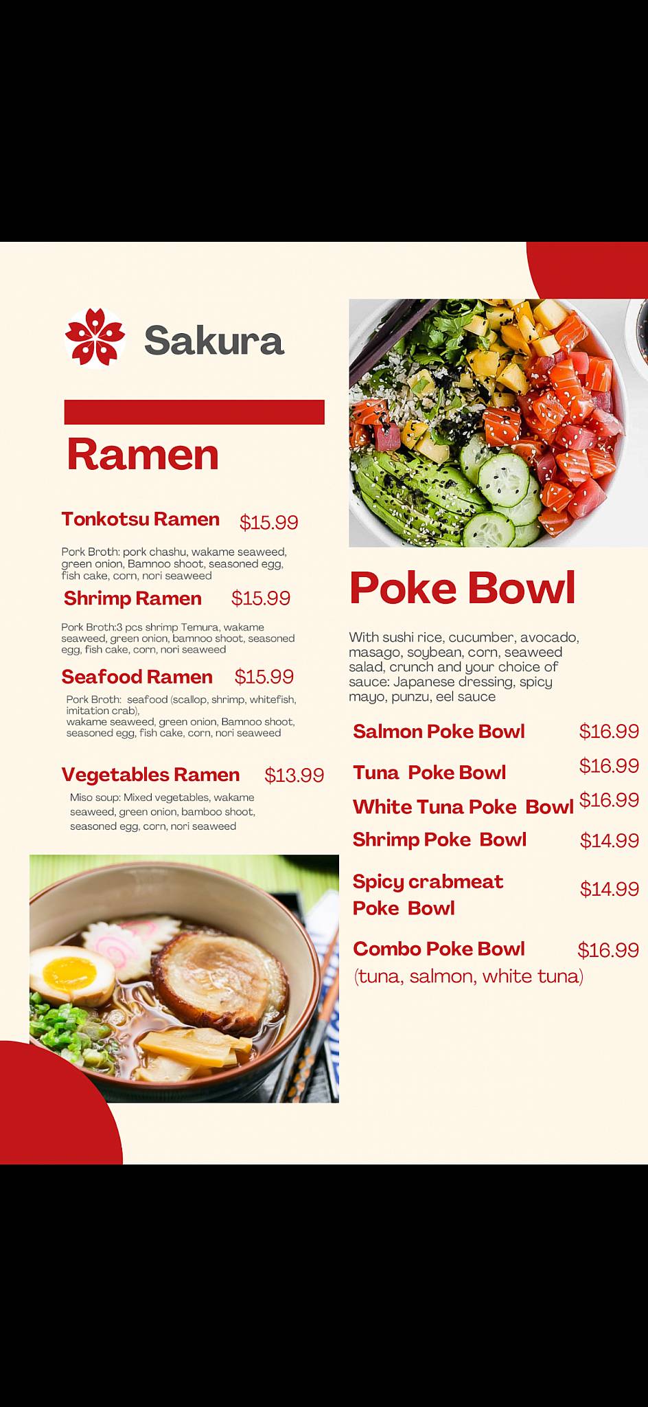 Menu at Sakura Japanese Restaurant, McHenry