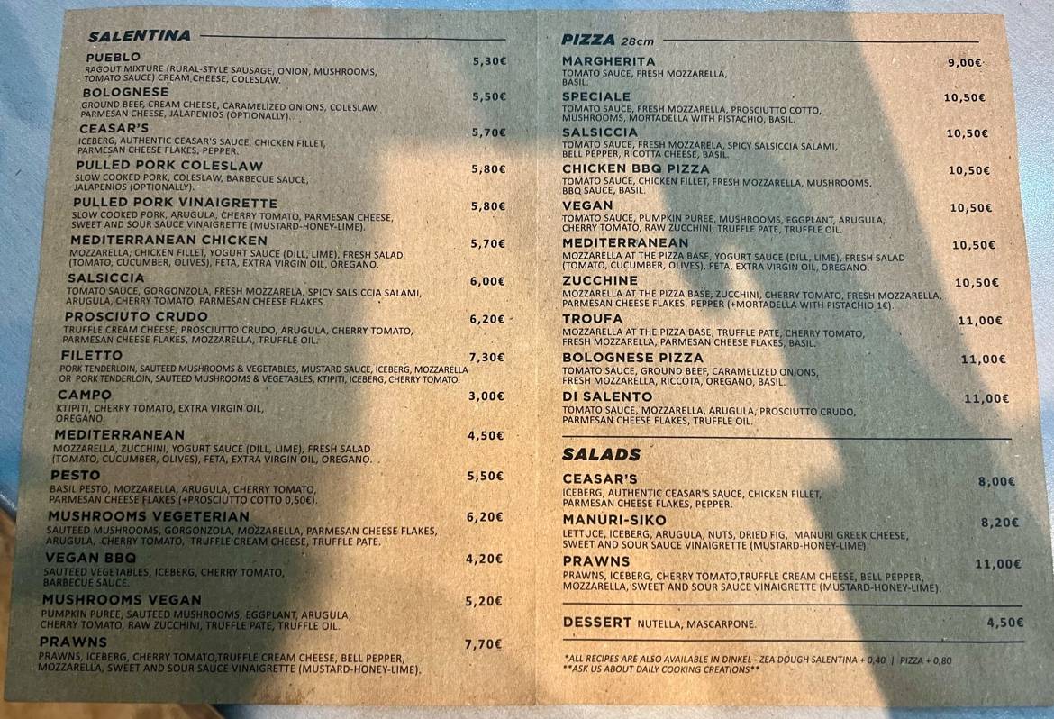 Menu at Salento Wood Fired Street Food, Thessaloniki