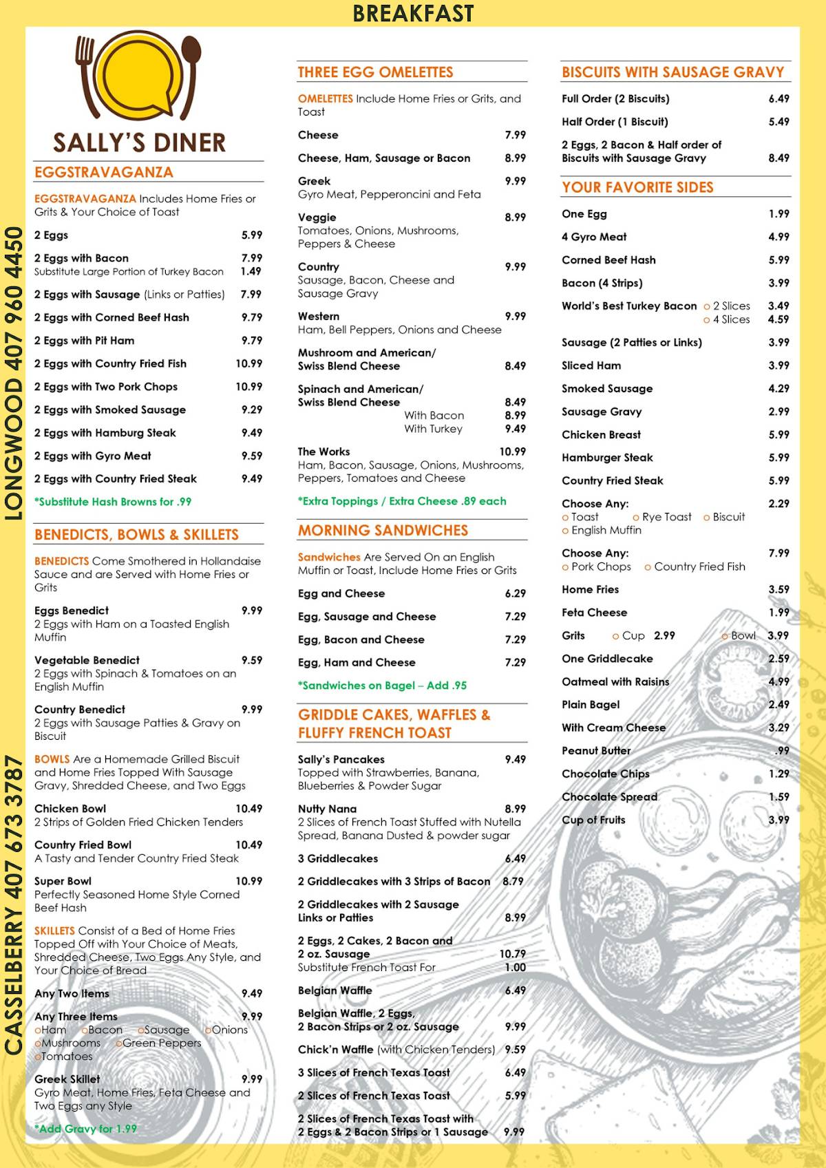 Menu at Sally's Diner restaurant, Longwood