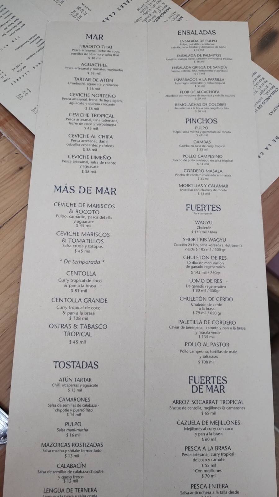 Carta del restaurante Salón Tropical, Bogotá