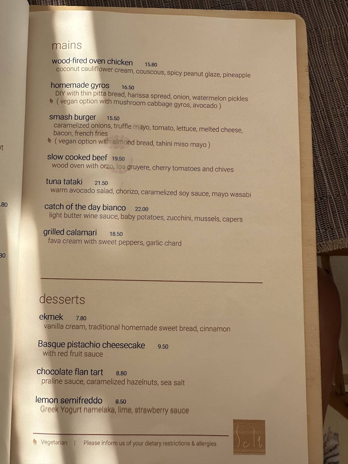 Menu at Salt Restaurant Bar, Milopotas