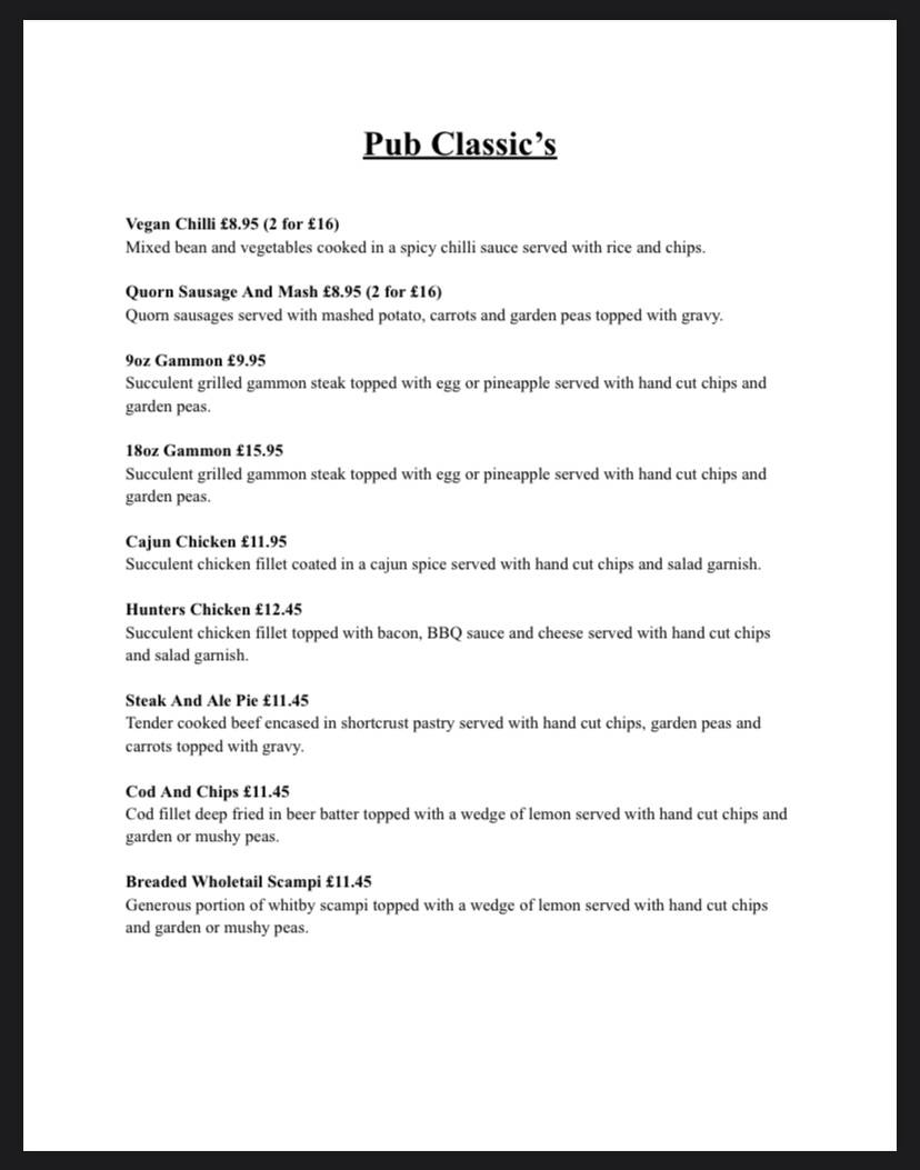 Menu at Victoria Pub, Saltburn-by-the-Sea, 3-5 Dundas St E