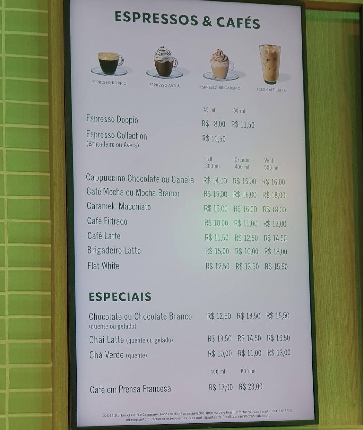 Carta del café Starbucks, Salvador del Bahia, Av. Tancredo Neves