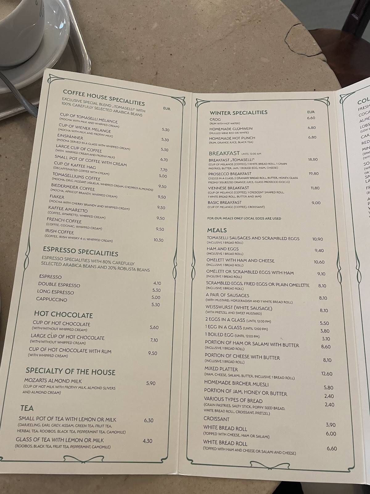 Menu at Café Tomaselli cafe, Salzburg