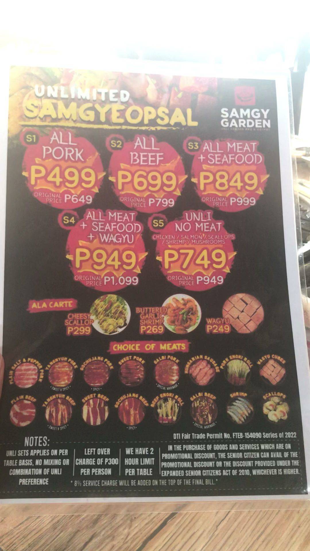 Menu at Samgy Garden restaurant, Pasay, Samgy Garden