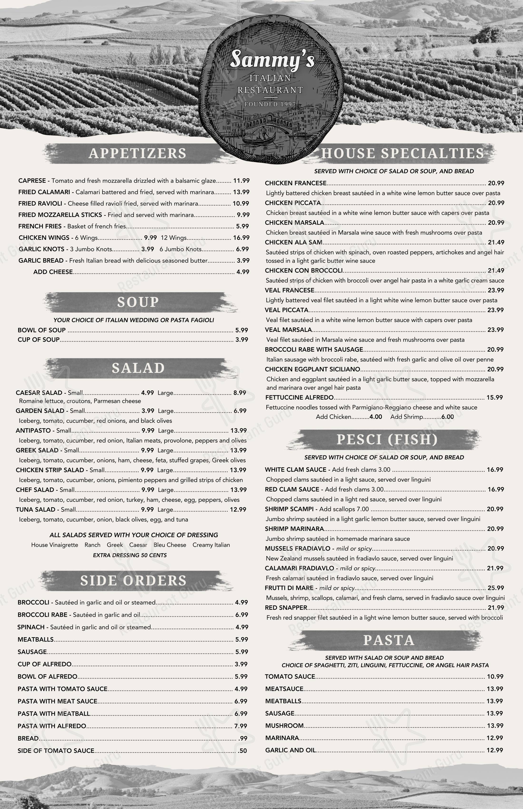 Menu at Sammy's Italian Restaurant and Pizza, Ocala, SW State Rd 200