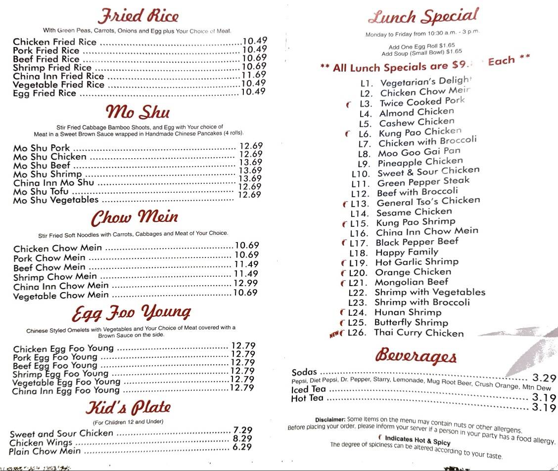 Menu at Sam's China Inn restaurant, Groves