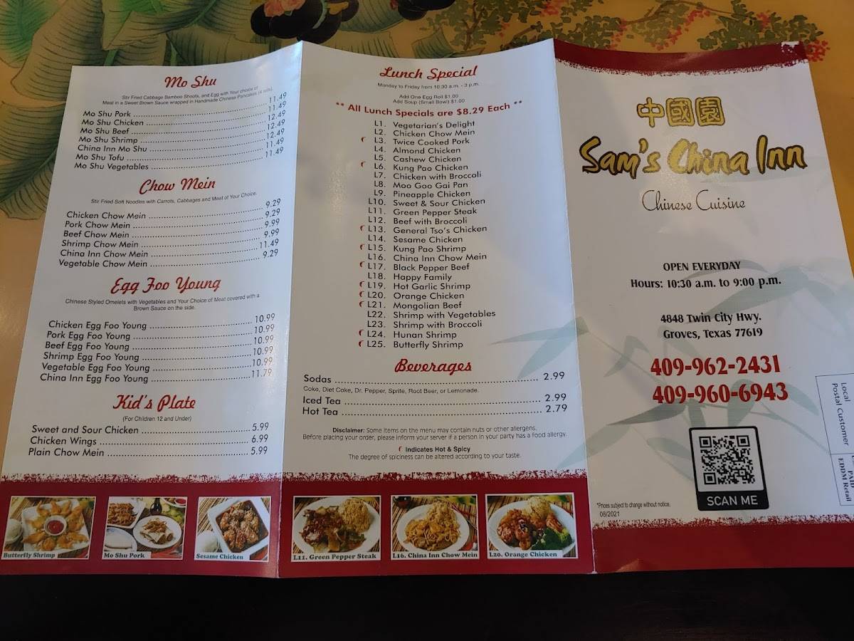 Menu at Sam's China Inn restaurant, Groves