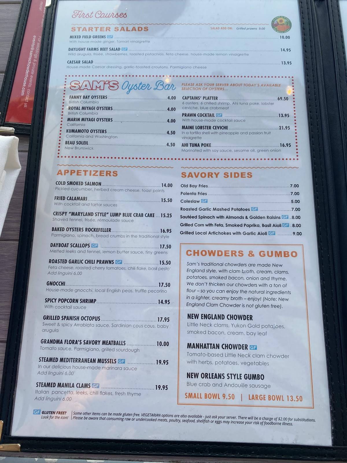 Menu at Sam's Chowder House restaurant, Half Moon Bay