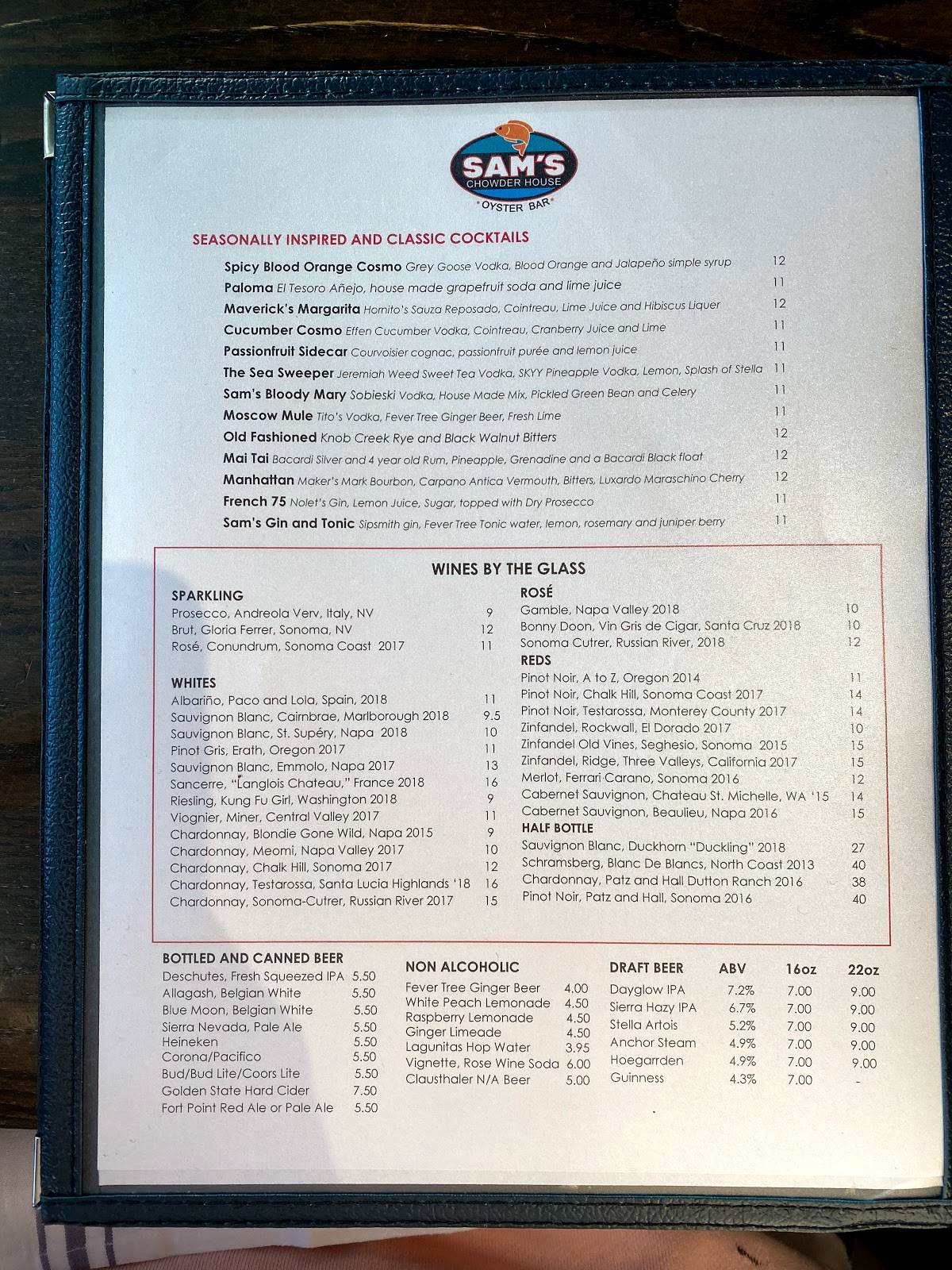 Menu at Sam's Chowder House restaurant, Half Moon Bay