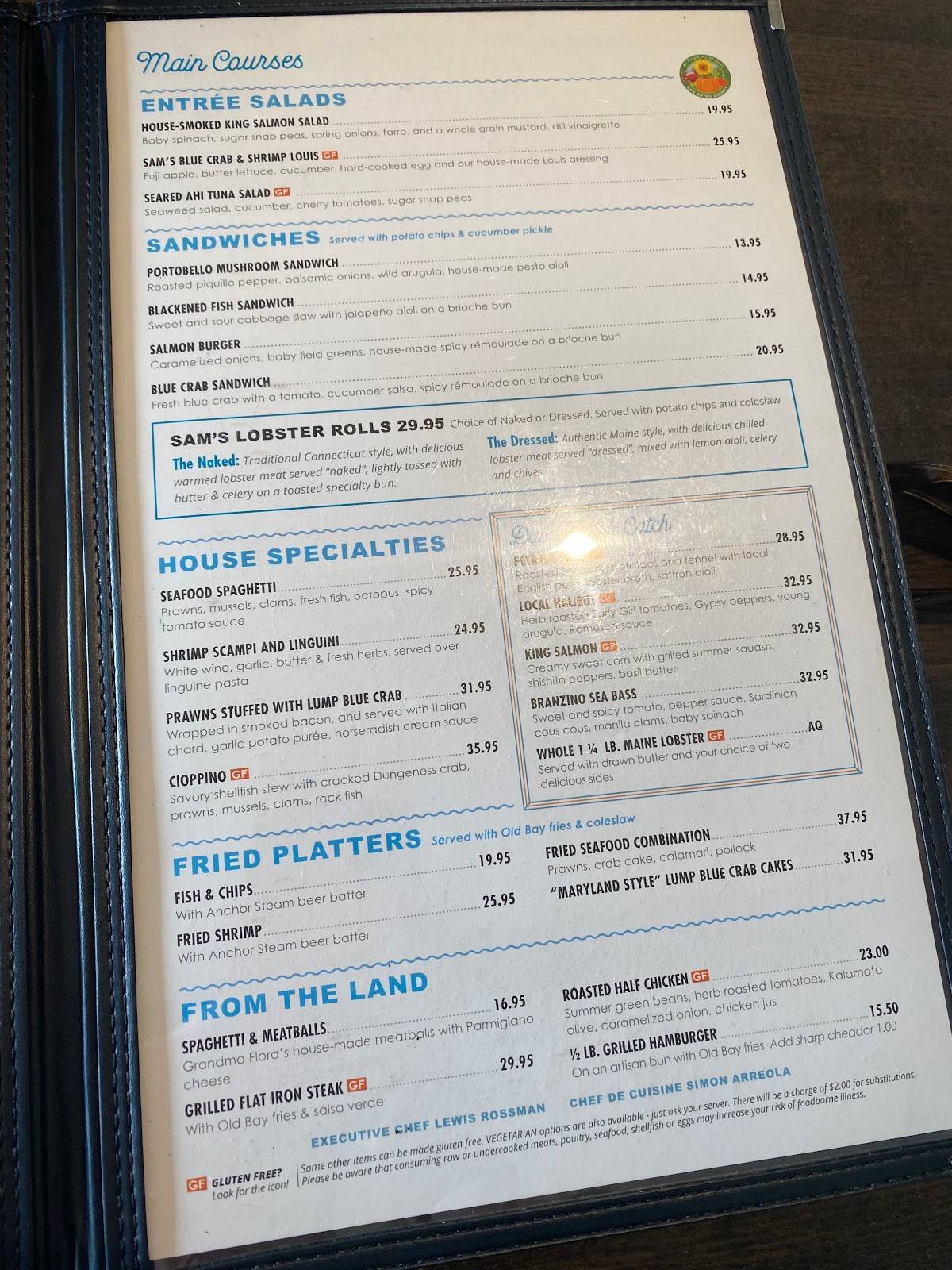 Menu at Sam's Chowder House restaurant, Half Moon Bay