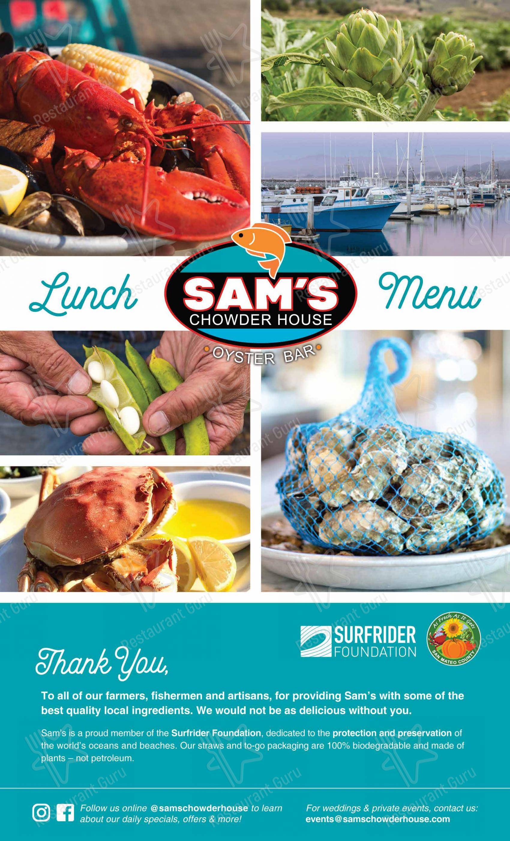 Menu at Sam's Chowder House restaurant, Half Moon Bay