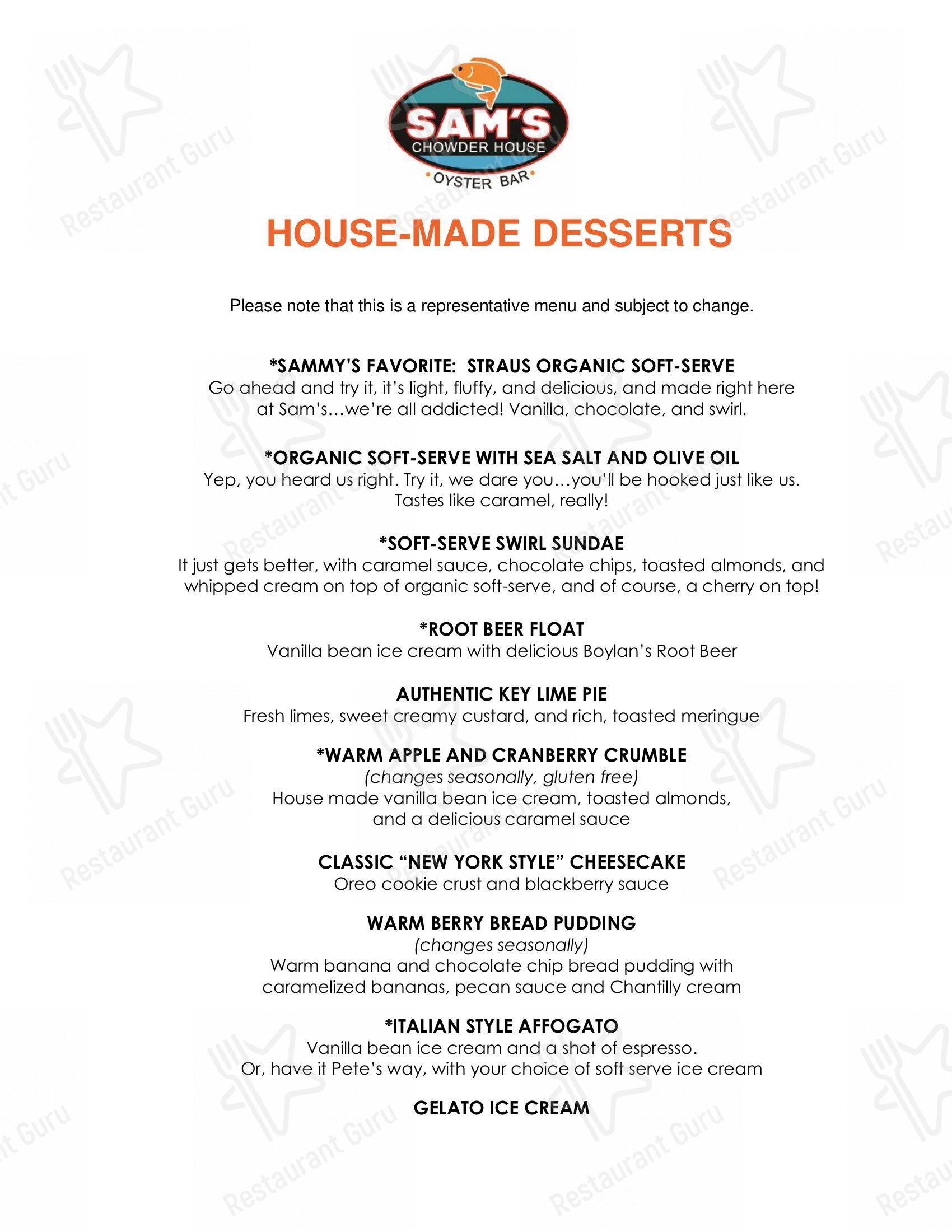 Menu at Sam's Chowder House restaurant, Half Moon Bay