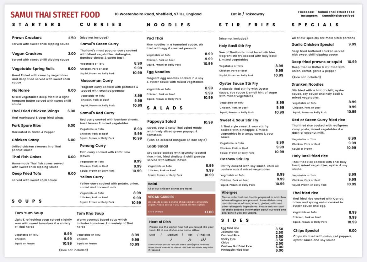 Menu at Samui-Thai street food restaurant, Sheffield