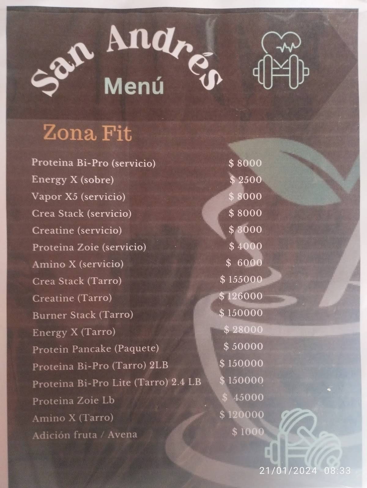 Menu at San Andrés bebidas y café, La Estrella