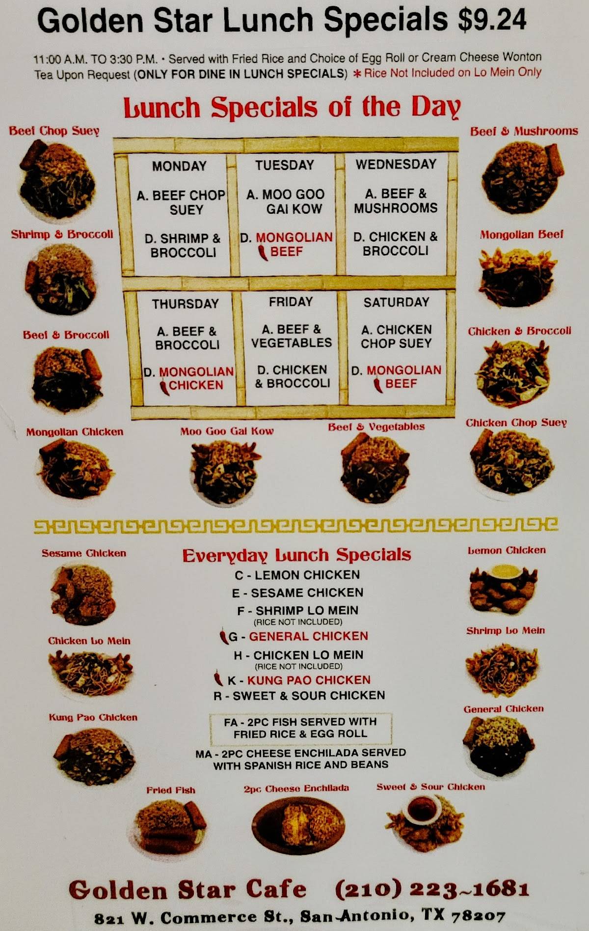 Menu at Golden Star Cafe, San Antonio