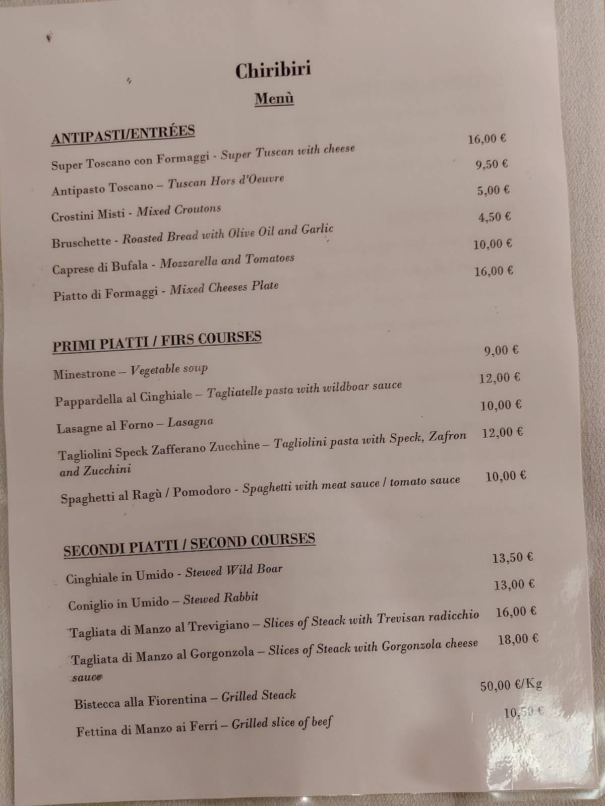 Speisekarte von Chiribiri restaurant, San Gimignano
