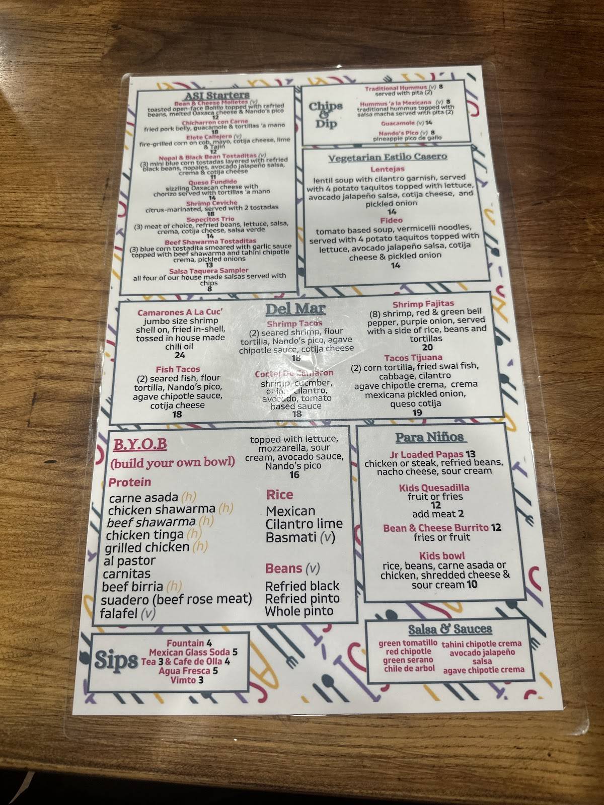 Menu at ASI Mexican Fusion Bistro restaurant, San Jose