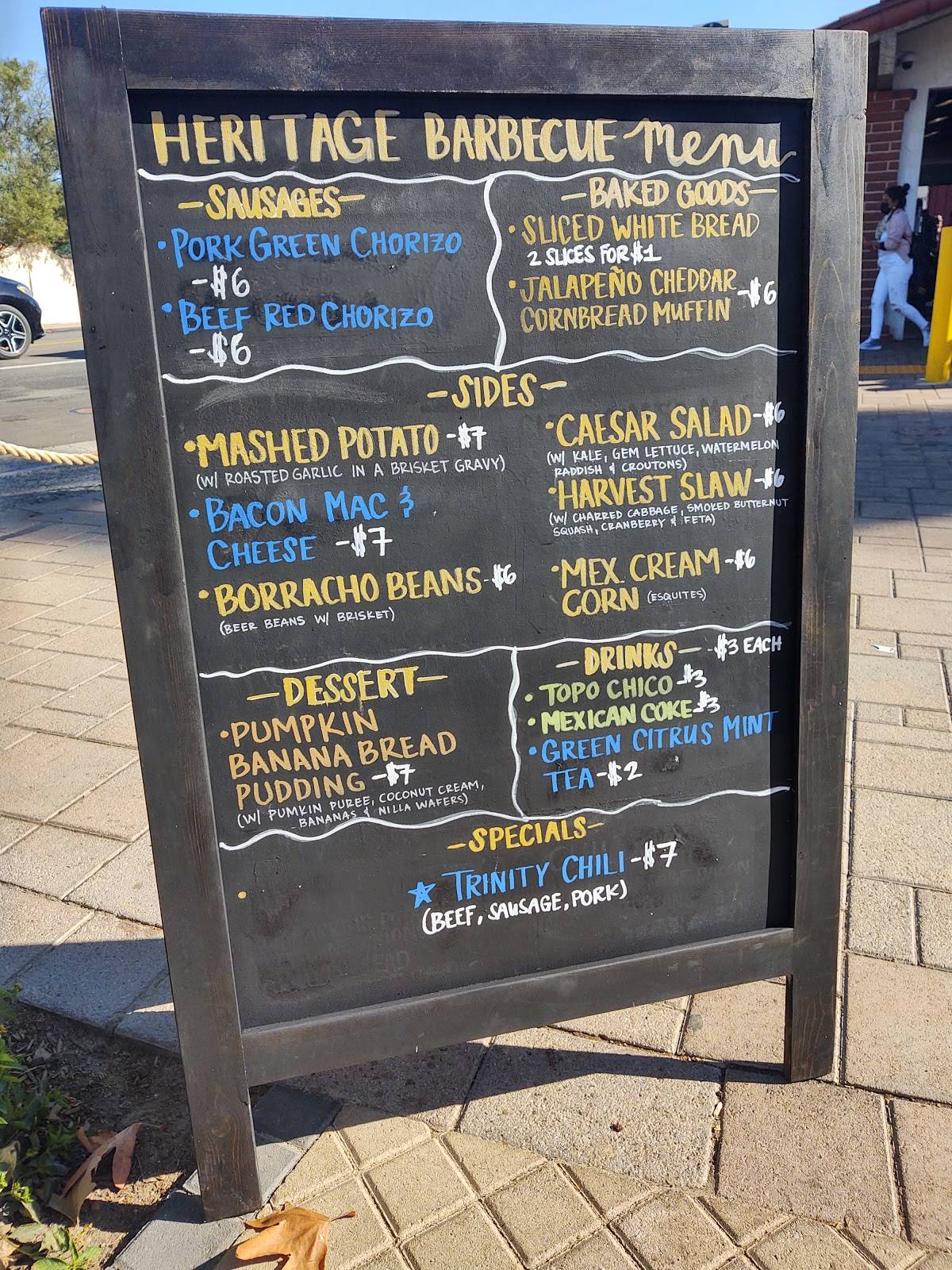 Menu at Heritage Barbecue, San Juan Capistrano