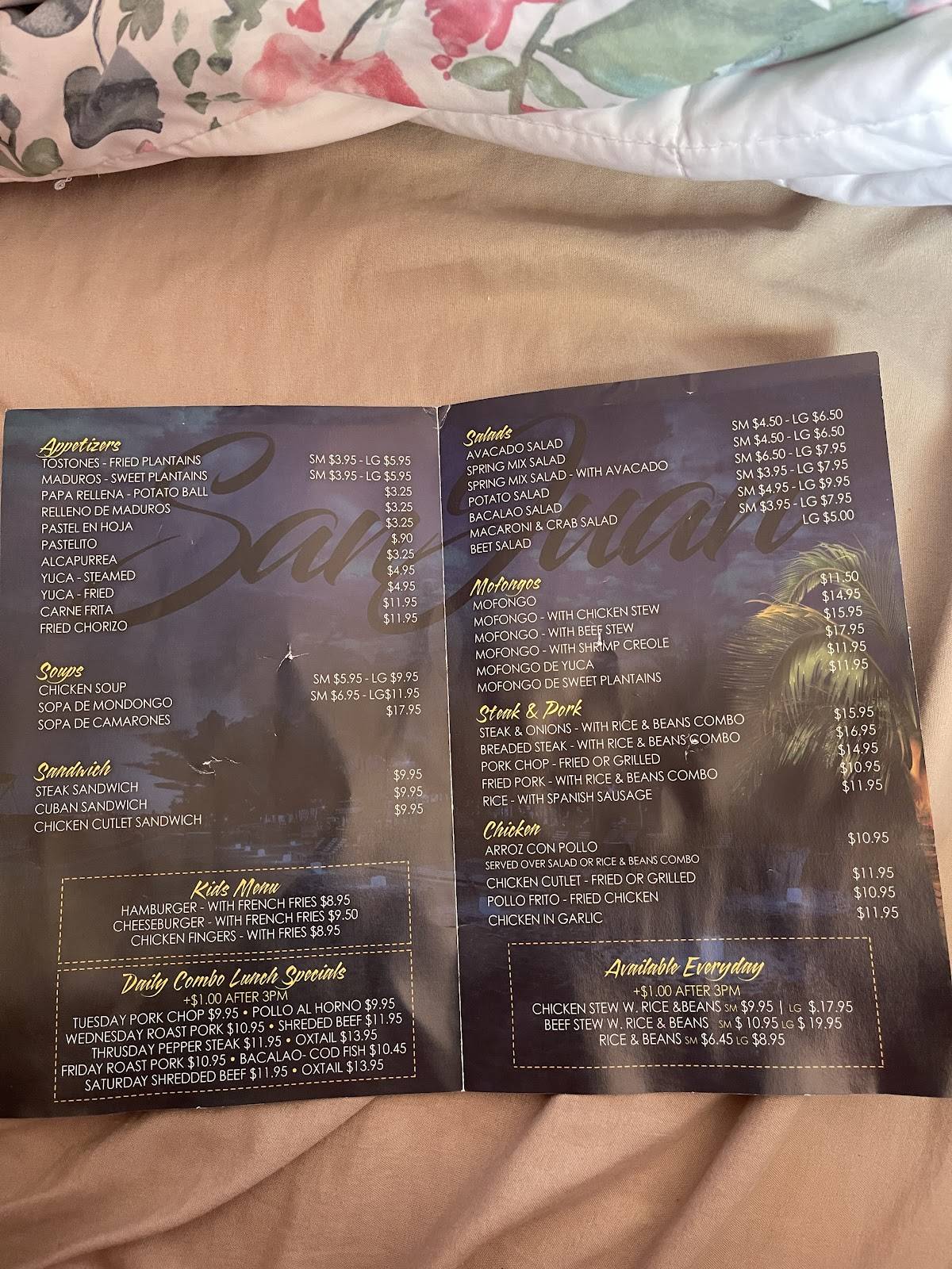 Menu at San Juan restaurant, New City
