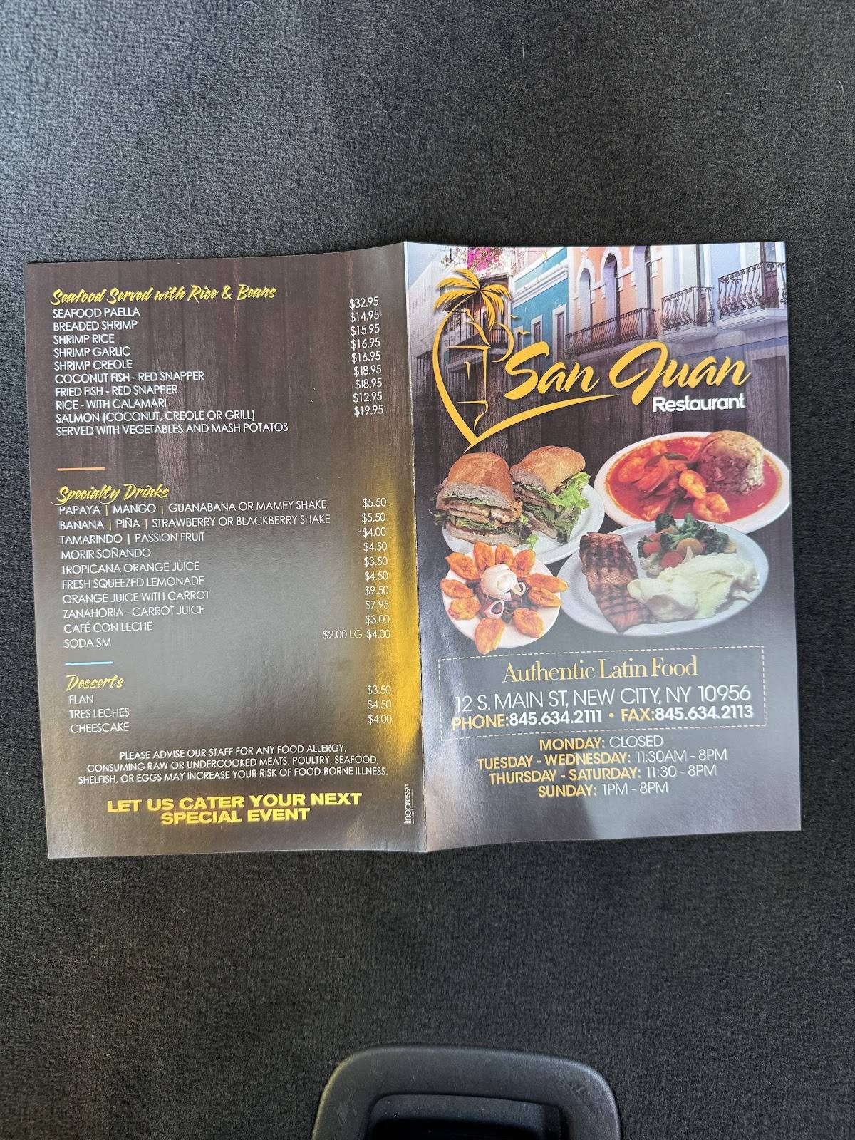 Menu at San Juan restaurant, New City