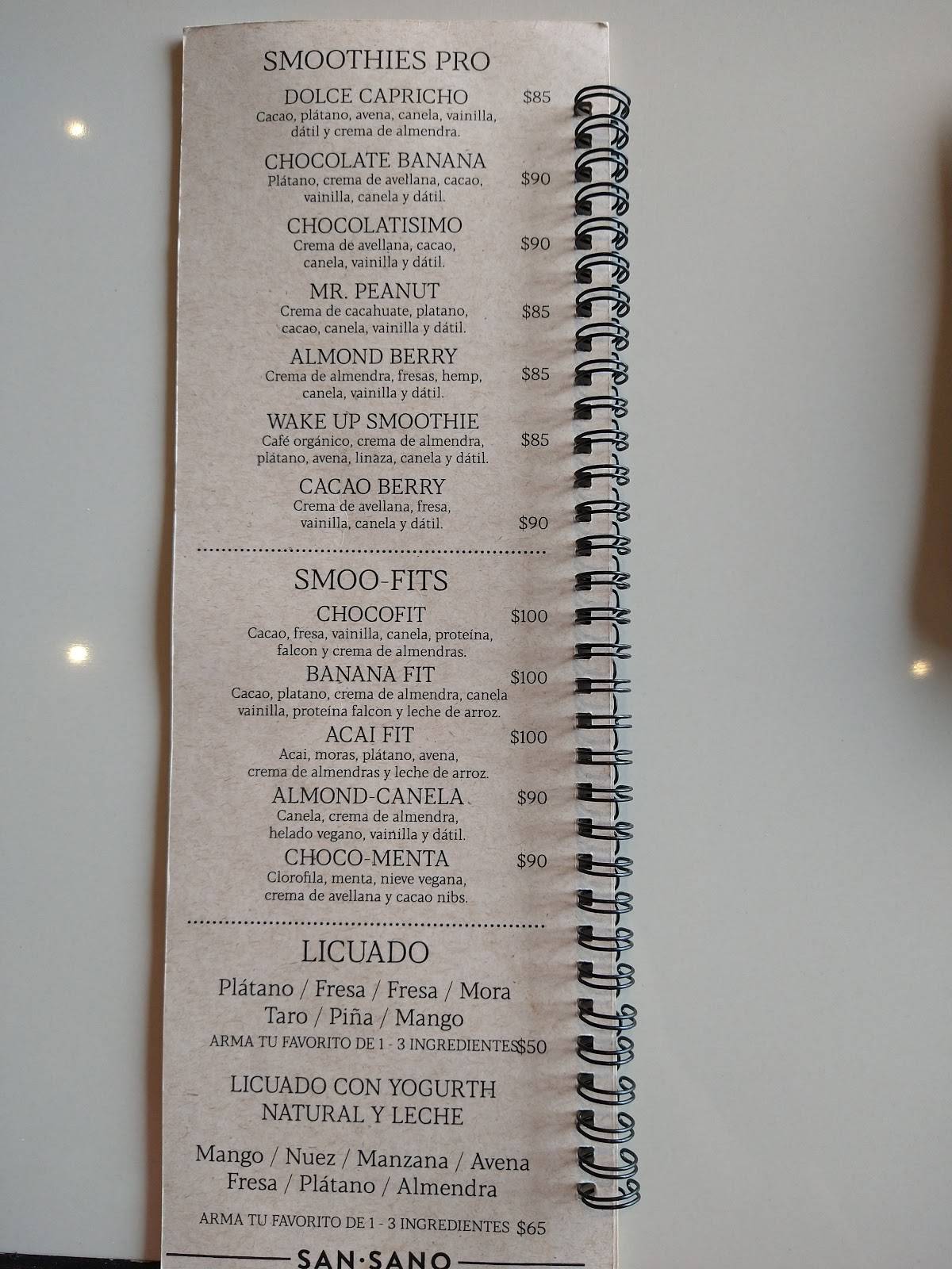 Menu at San Sano restaurant, Zapopan