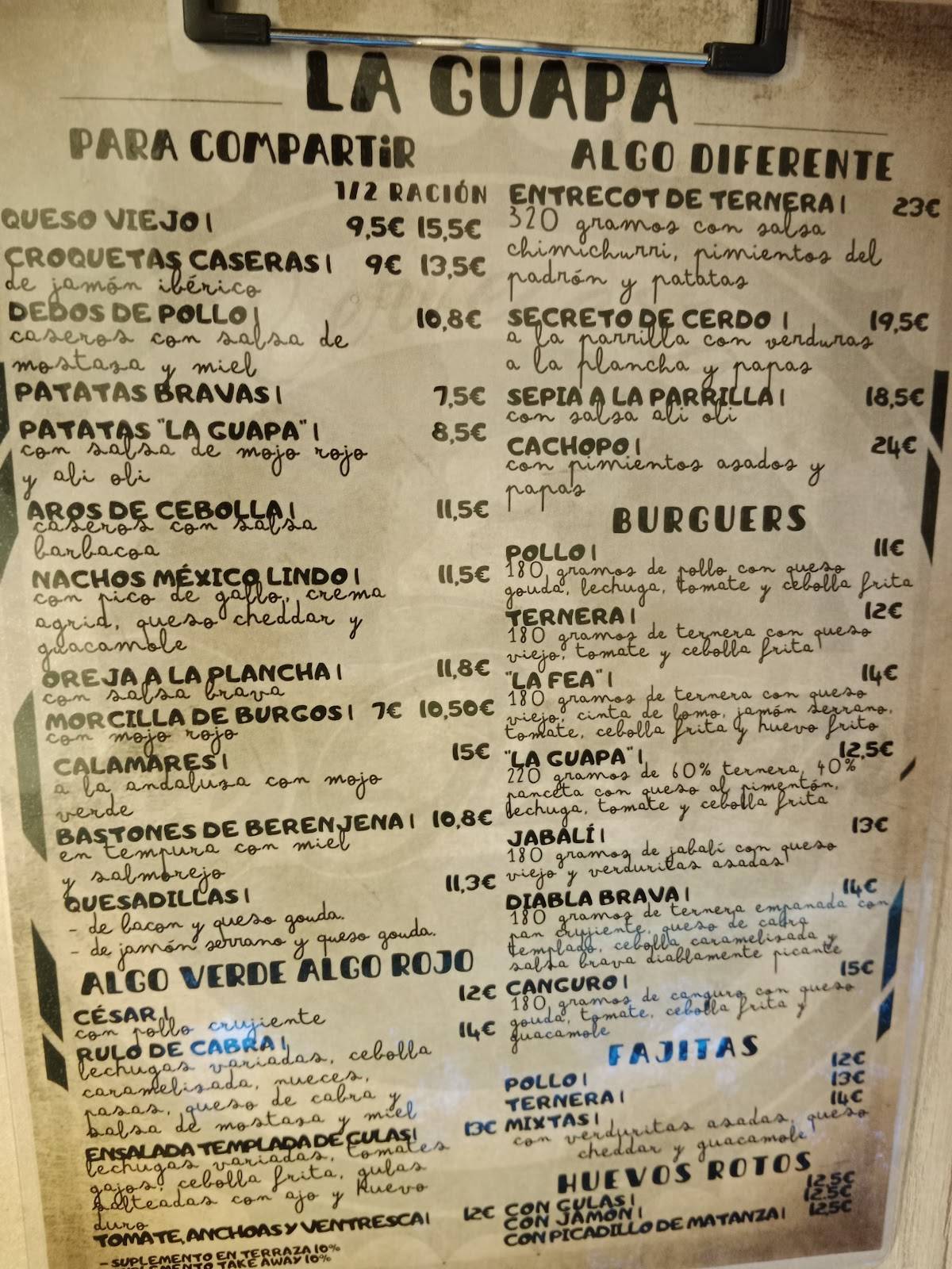Menu at Cervecería La Guapa restaurant, San Sebastián de los Reyes