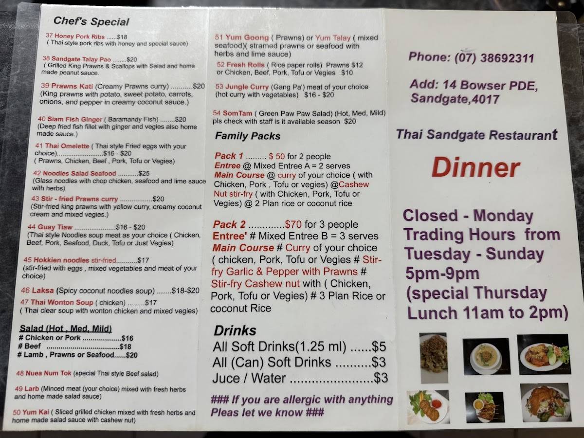 Menu at Thai Sandgate Restaurant, Sandgate