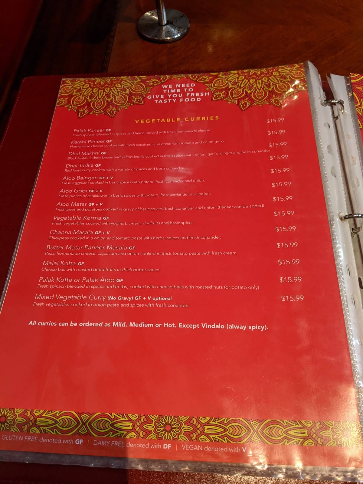 Menu at Traditional India restaurant, Sandgate