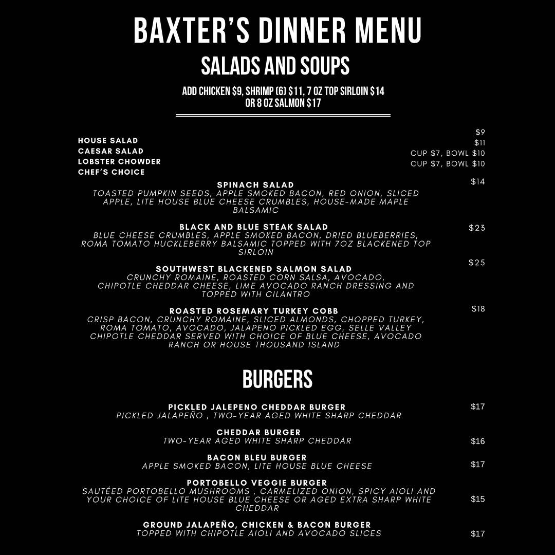 Menu at Baxters on Cedar pub & bar, Sandpoint, 109 Cedar St