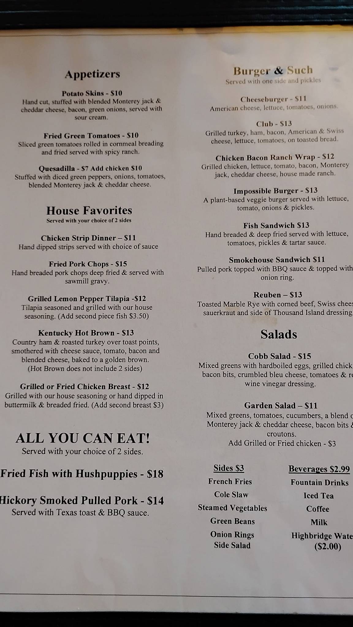 Menu at Sandstone Arches Restaurant, Slade