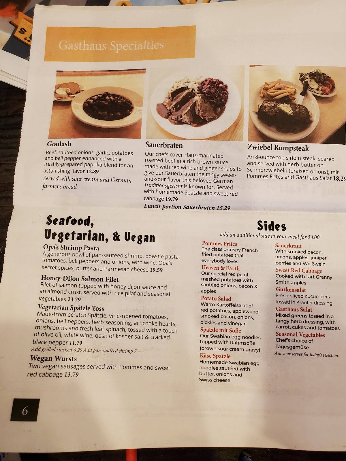 Menu at Hollerbach's German Restaurant, Sanford
