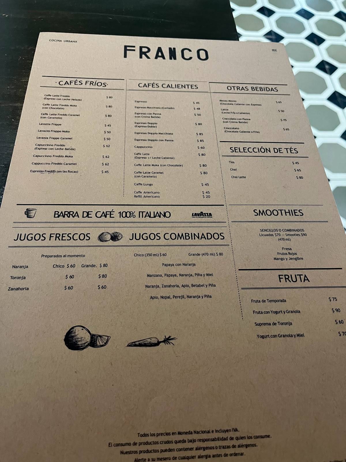 Menu at Franco Cocina Urbana restaurant, Santiago de Querétaro