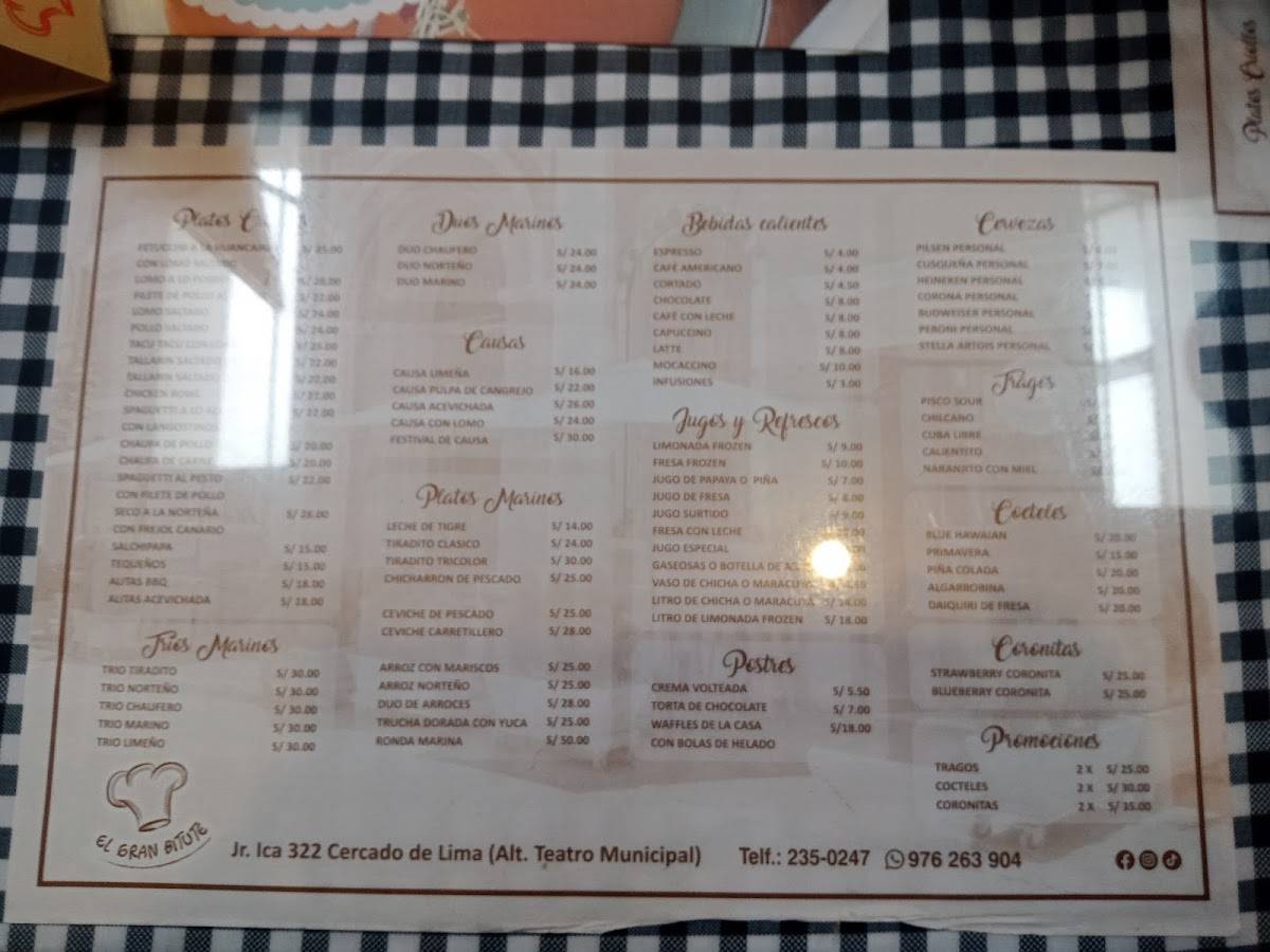 Carta del restaurante El Gran Bitute, Lima