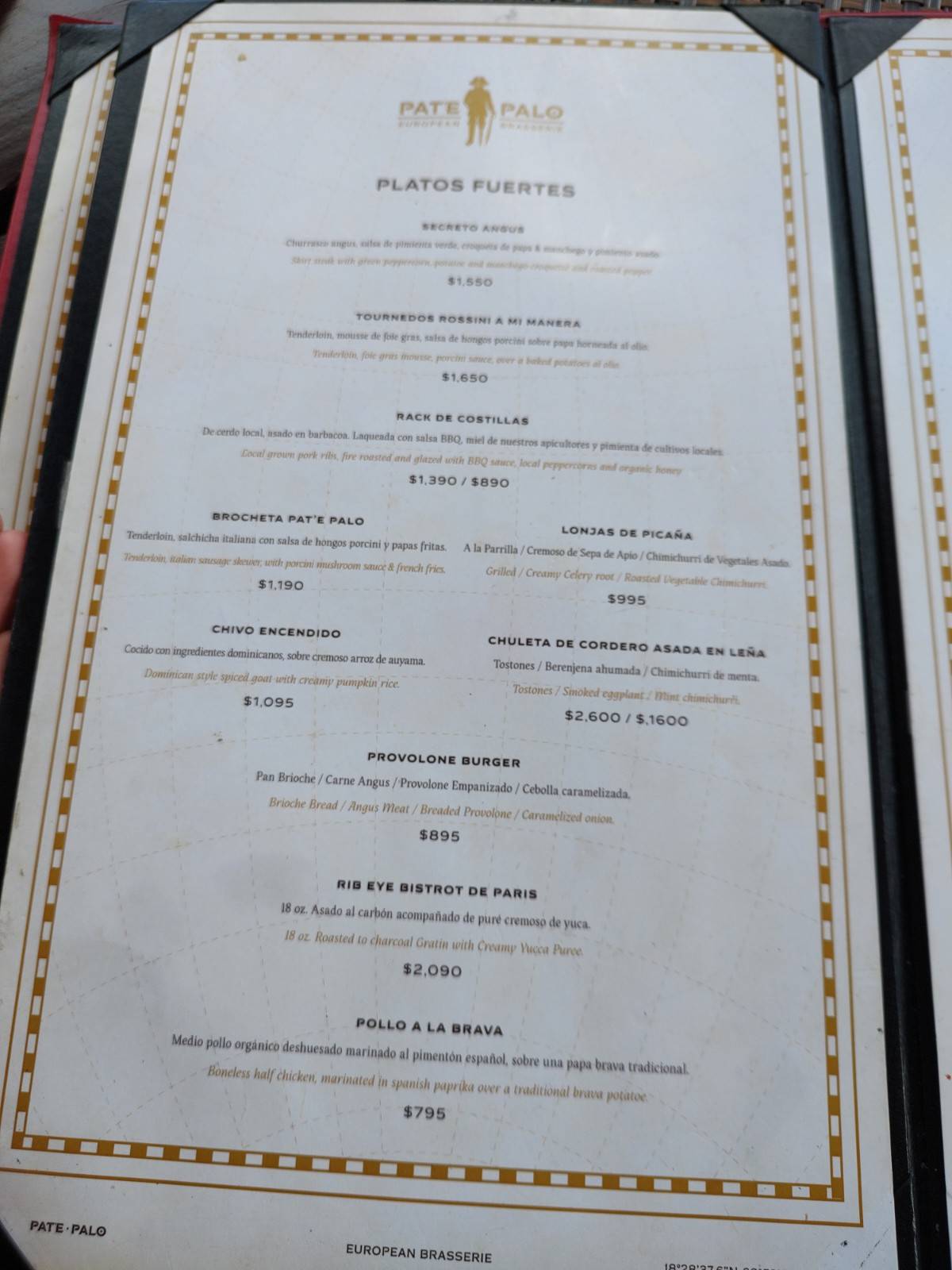 Menu at Pat'e Palo European Brasserie restaurant, Santo Domingo, Plaza ...