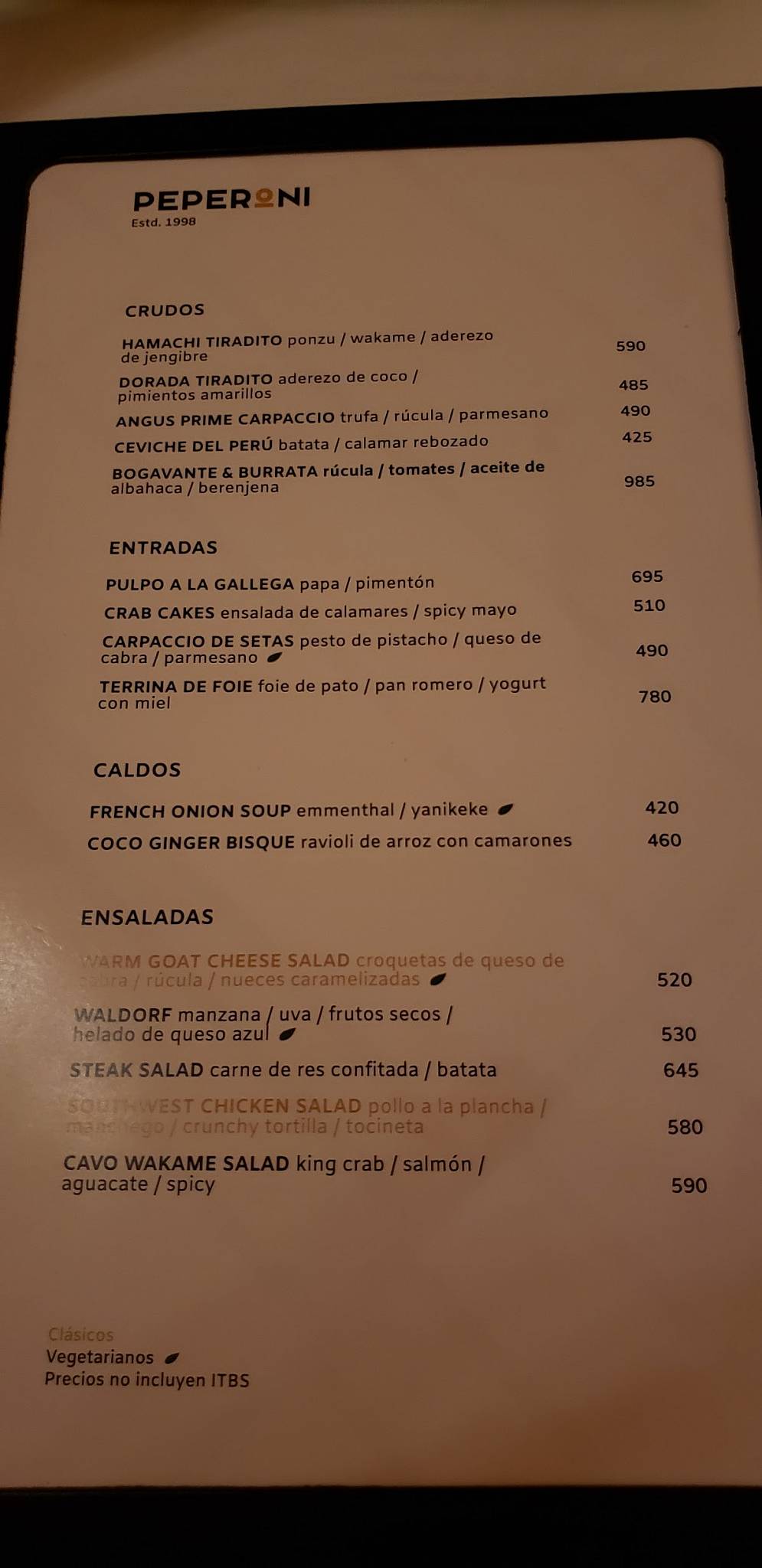 Carta del restaurante Peperoni, Santo Domingo, F398+J28