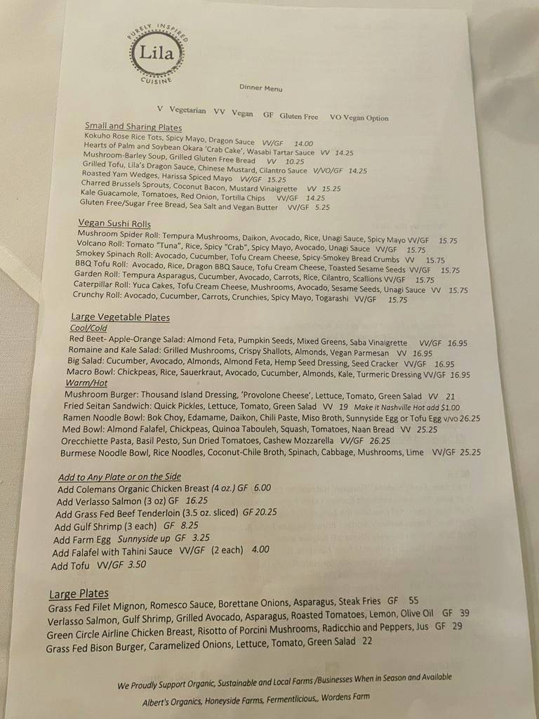 Menu at Lila restaurant, Sarasota