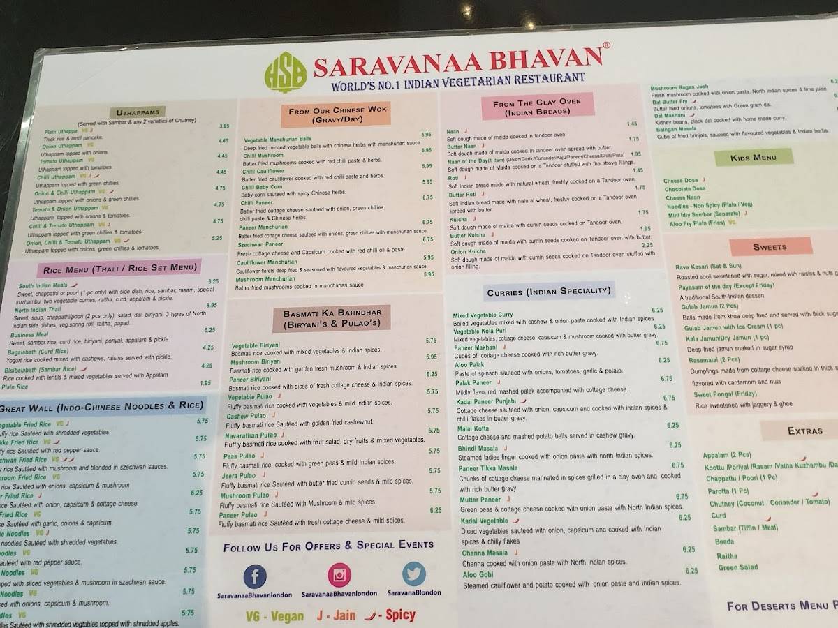 Menu at Saravanaa Bhavan East Ham restaurant, London, 300 High St N