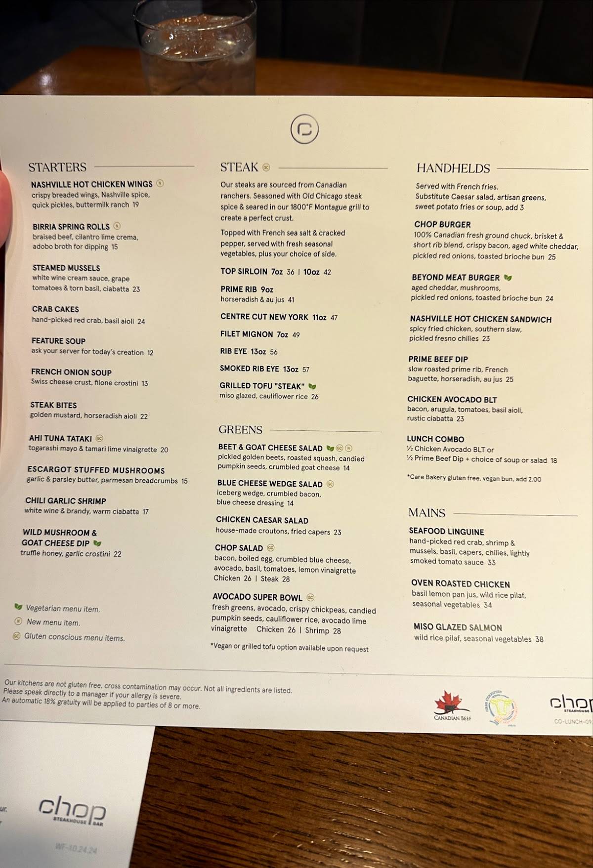 Menu at Chop Steakhouse & Bar, Saskatoon