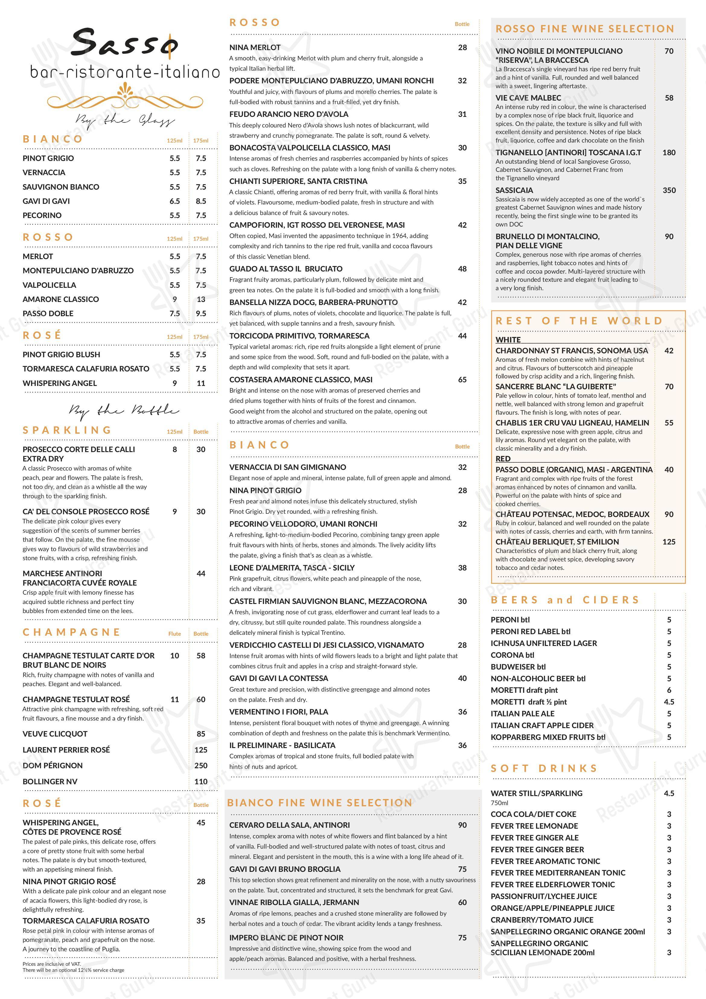 Menu at Sasso restaurant, Disley