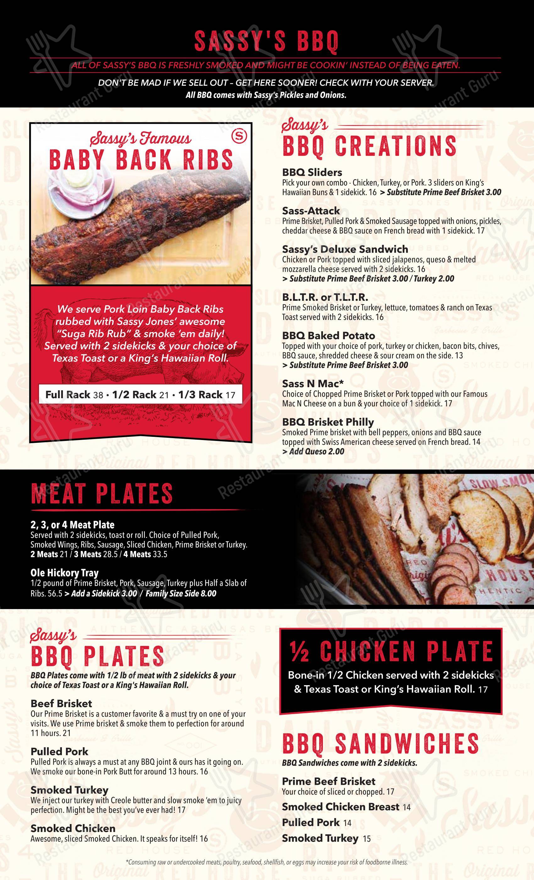 Menu at Sassy's Red House BBQ, Fayetteville