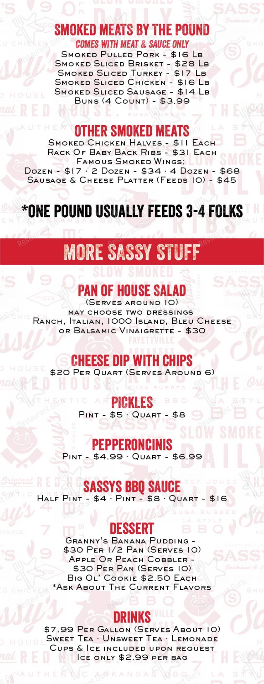 Menu at Sassy's Red House BBQ, Fayetteville