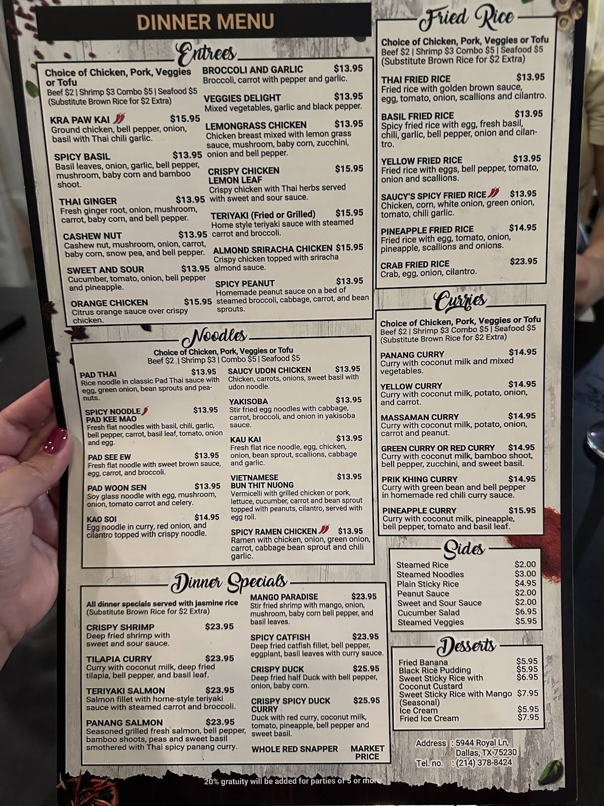 Menu at Saucy's Thai + Pho restaurant, Dallas
